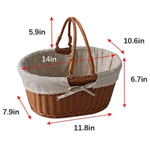 Imitation Rattan Picnic Basket, Storage Basket, Shopping Basket, Rattan Fruit Basket, Carrying Basket, Artificial Woven, Floral Lined Lace Trim (12, Oval, 1, pb2-1)