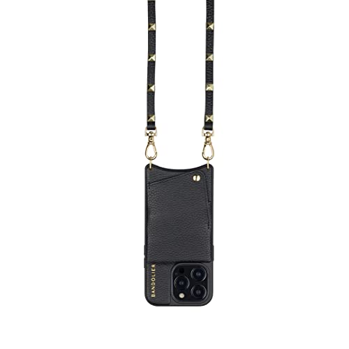 Bandolier Sarah Crossbody Phone Case and Wallet - Black Leather with Gold Detail - Compatible with iPhone 14 Pro Max