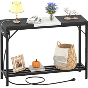 narrow console table with power strips, sofa table with storage shelves for living room, 2-tier foyer table for entryway, hallway, behind couch, kitchen counter, 39”, black & white