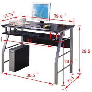 Kings Brand Furniture Computer Desk with Keyboard Tray - Silver Metal & Glass Top Home Office Desk, Gaming Desk for Laptop & Desktop Computer for Students, Remote Worker, & Gamer