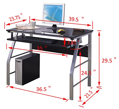 Kings Brand Furniture Computer Desk with Keyboard Tray - Silver Metal & Glass Top Home Office Desk, Gaming Desk for Laptop & Desktop Computer for Students, Remote Worker, & Gamer