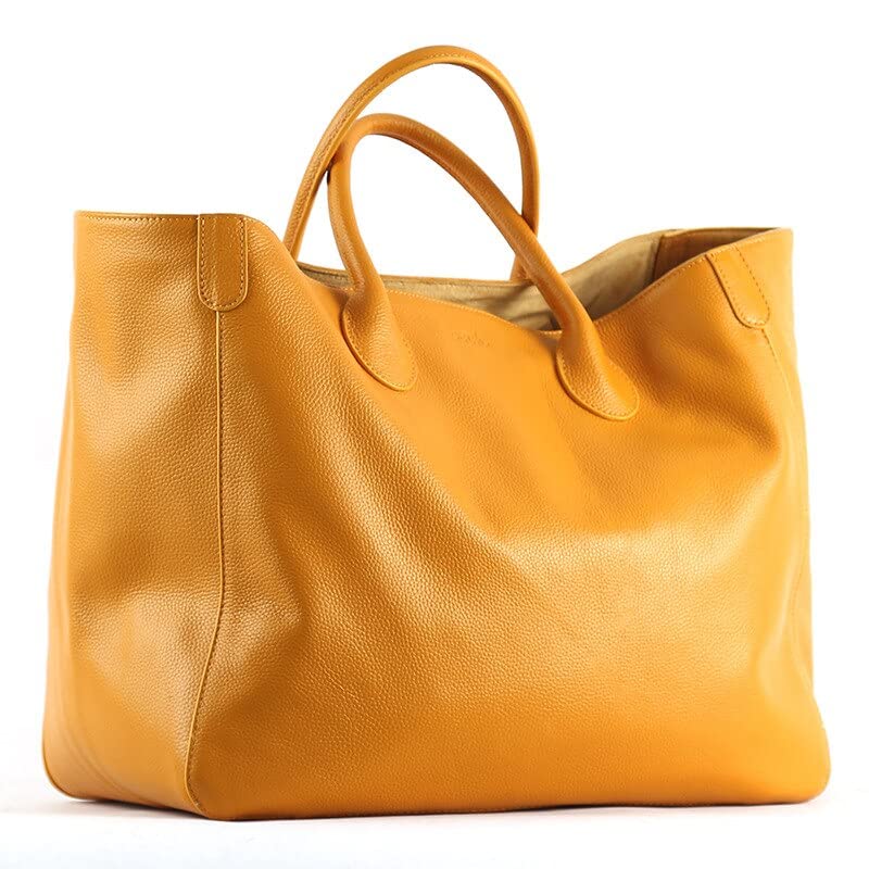 Women Bag Genuine Leather Handbag Cowhide Casual Tote Thick Real Natural Leather Bucket Shopper Daily Bag Big Purse (about 41cm-21cm-34cm,Yellow)