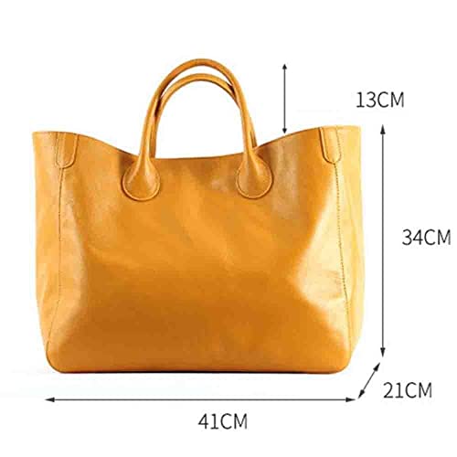 Women Bag Genuine Leather Handbag Cowhide Casual Tote Thick Real Natural Leather Bucket Shopper Daily Bag Big Purse (about 41cm-21cm-34cm,Yellow)