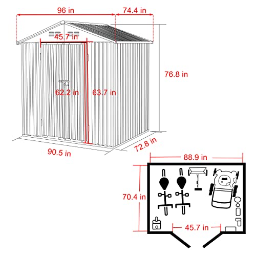 VEIKOU 6 x 8FT Outdoor Storage Shed with Thickened Galvanized Steel, Metal Garden Sheds & Outdoor Storage with Double Lockable Doors Utility Tool Storage Shed for Backyard Lawn Movers, Gray