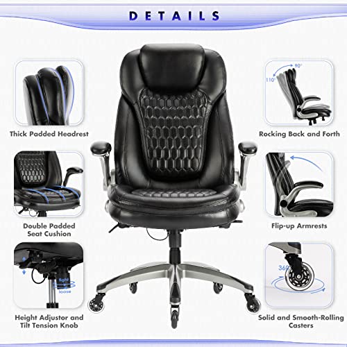 COLAMY Office Chair-Ergonomic High Back Computer Chair with Padded Flip-up Arms, Executive Leather Desk Chair Adjustable Height, Upgraded Casters for Swivel Rolling Home Office Chair-Black, 300lbs