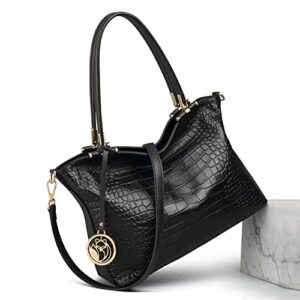 FOXLOVER Cow Leather Tote Bags for Women Large Capacity Top-Handle Handbag  Crocodile Pattern Women’s Shoulder Bag Purse Ladies Casual Crossbody Bag Hobo Bags