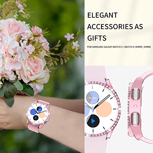 【4+4Pack】Bling Diamond Case for Galaxy Watch 5/Galaxy Watch 4 Screen Protector 40mm,Anti-Fog Tempered Glass Protective Film and Hard PC Cover Bumper,Samsung Watch 5/4 Smartwatch Accessories for Women