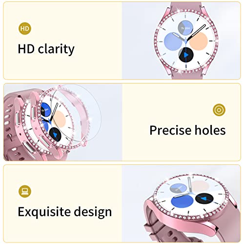 【4+4Pack】Bling Diamond Case for Galaxy Watch 5/Galaxy Watch 4 Screen Protector 40mm,Anti-Fog Tempered Glass Protective Film and Hard PC Cover Bumper,Samsung Watch 5/4 Smartwatch Accessories for Women