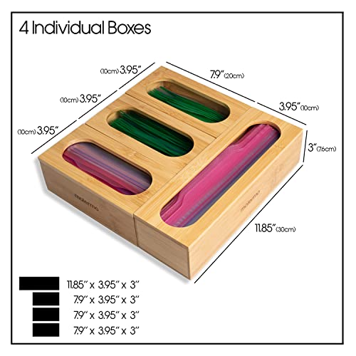 Molermo Bamboo Ziplock Bag Organizer for Drawer - Magnetic Lids Provide Easy Filling. 4 Piece Baggie Organizer Suitable for Gallon, Quart, Sandwich and Snack Size Bag