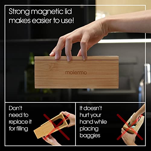 Molermo Bamboo Ziplock Bag Organizer for Drawer - Magnetic Lids Provide Easy Filling. 4 Piece Baggie Organizer Suitable for Gallon, Quart, Sandwich and Snack Size Bag