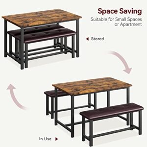 IDEALHOUSE 3 Piece Dining Table Set, Kitchen Table and Benches for 4, Rectangular Dining Room Table Set with 2 Upholstered Benches, Dining Table Set for Small Space, Apartment, Studio, Retro Brown