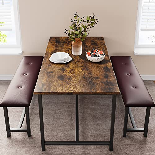 IDEALHOUSE 3 Piece Dining Table Set, Kitchen Table and Benches for 4, Rectangular Dining Room Table Set with 2 Upholstered Benches, Dining Table Set for Small Space, Apartment, Studio, Retro Brown