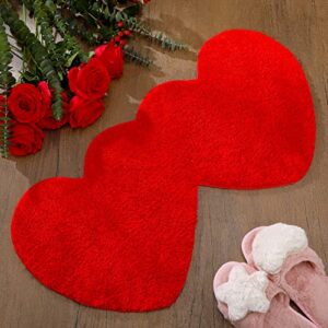 valentines day heart rug double heart shaped rug decorative non slip bathroom rug doormat washable love shag shower mat home bedroom living room entrance welcome floor decor, 15.75 x 31.5 inch (red)