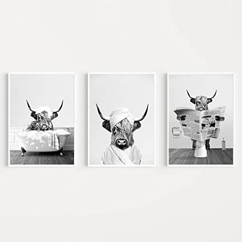 Funny Highland Cow Wall Art In Bathtub, Black and White Canvas Cow In Bathroom Picture, Humor Animals Bathroom Artwork Set of 3 Prints Kids Bathroom Decor (12x18in-3p Unframed,Black)