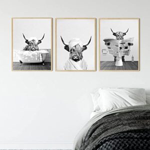 Funny Highland Cow Wall Art In Bathtub, Black and White Canvas Cow In Bathroom Picture, Humor Animals Bathroom Artwork Set of 3 Prints Kids Bathroom Decor (12x18in-3p Unframed,Black)