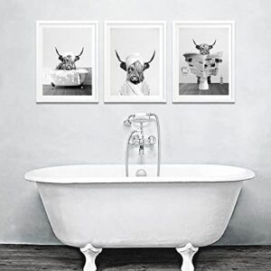 Funny Highland Cow Wall Art In Bathtub, Black and White Canvas Cow In Bathroom Picture, Humor Animals Bathroom Artwork Set of 3 Prints Kids Bathroom Decor (12x18in-3p Unframed,Black)