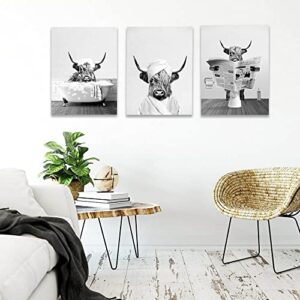 Funny Highland Cow Wall Art In Bathtub, Black and White Canvas Cow In Bathroom Picture, Humor Animals Bathroom Artwork Set of 3 Prints Kids Bathroom Decor (12x18in-3p Unframed,Black)