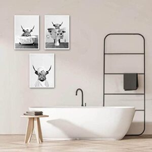 Funny Highland Cow Wall Art In Bathtub, Black and White Canvas Cow In Bathroom Picture, Humor Animals Bathroom Artwork Set of 3 Prints Kids Bathroom Decor (12x18in-3p Unframed,Black)