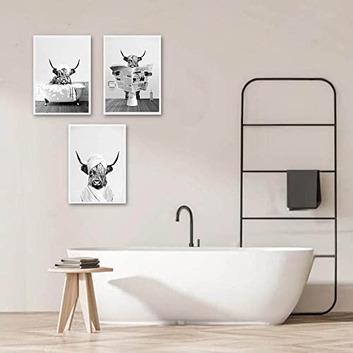 Funny Highland Cow Wall Art In Bathtub, Black and White Canvas Cow In Bathroom Picture, Humor Animals Bathroom Artwork Set of 3 Prints Kids Bathroom Decor (12x18in-3p Unframed,Black)