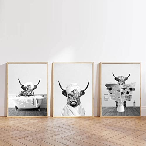 Funny Highland Cow Wall Art In Bathtub, Black and White Canvas Cow In Bathroom Picture, Humor Animals Bathroom Artwork Set of 3 Prints Kids Bathroom Decor (12x18in-3p Unframed,Black)