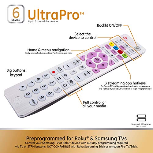 GE Home electricalGE 6-Device Backlit Universal Remote Control, Silver, 37038 & Universal Remote Control for Samsung, Vizio, Lg, Sony, Sharp, Roku, Apple TV, Smart TVs, Graphite