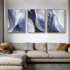 Large Framed Abstract Canvas Wall Art for Living Room-3 Pieces Navy Blue and Gold Abstract Print For Bedroom -Modern Wall Decor Picture Home Decoration Kitchen 28x60 inches