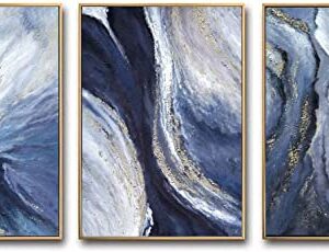 Large Framed Abstract Canvas Wall Art for Living Room-3 Pieces Navy Blue and Gold Abstract Print For Bedroom -Modern Wall Decor Picture Home Decoration Kitchen 28x60 inches