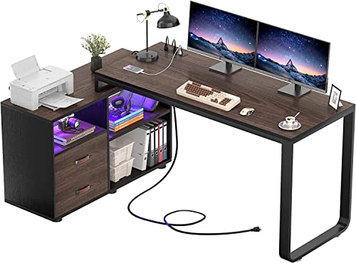 L Shaped Desk with File Cabinet & Power Outlet, 55 Inch Large Corner Computer Desks with LED Strip, L-Shaped Computer Desk with Drawers and Storage Shelves for Home Office, Espresso