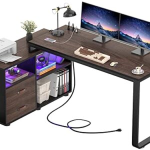 L Shaped Desk with File Cabinet & Power Outlet, 55 Inch Large Corner Computer Desks with LED Strip, L-Shaped Computer Desk with Drawers and Storage Shelves for Home Office, Espresso