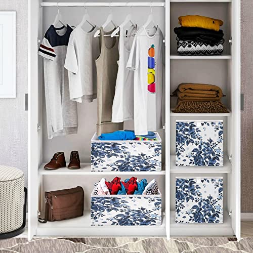 Kigai Navy Blue Flower Storage Baskets, 16x11x7 in Collapsible Fabric Storage Bins Organizer Rectangular Storage Box for Shelves, Closets, Laundry, Nursery, Home Decor