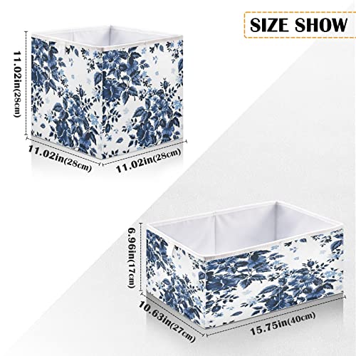 Kigai Navy Blue Flower Storage Baskets, 16x11x7 in Collapsible Fabric Storage Bins Organizer Rectangular Storage Box for Shelves, Closets, Laundry, Nursery, Home Decor