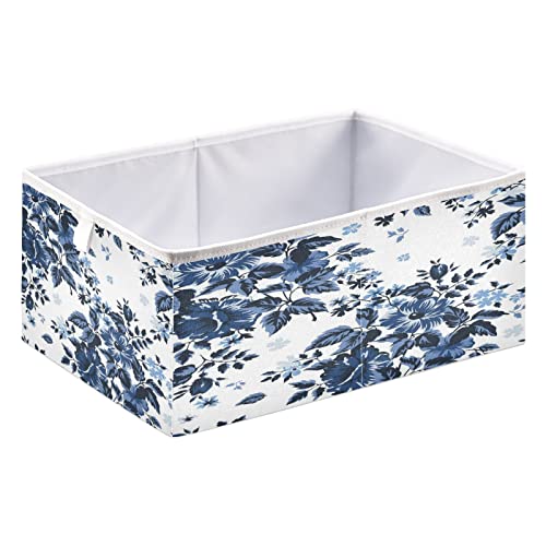 Kigai Navy Blue Flower Storage Baskets, 16x11x7 in Collapsible Fabric Storage Bins Organizer Rectangular Storage Box for Shelves, Closets, Laundry, Nursery, Home Decor