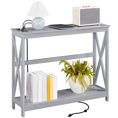 Yaheetech 2-Tier Console Table Narrow Wood Sofa Table with Power Outlets for Entryway Hallway Living Room Corridor, X-Shaped Design,Gray