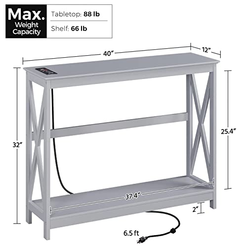 Yaheetech 2-Tier Console Table Narrow Wood Sofa Table with Power Outlets for Entryway Hallway Living Room Corridor, X-Shaped Design,Gray