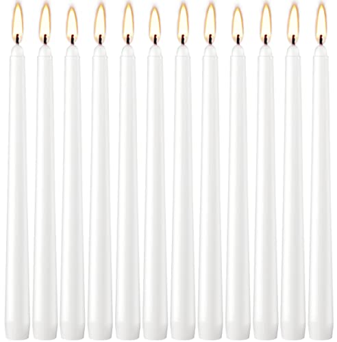 12 Pack Tall Taper - 10 Inch White Dripless, Unscented Dinner Candle - Paraffin Wax with Cotton Wicks - 7.5-8 Hour Burn Time