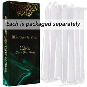 12 Pack Tall Taper - 10 Inch White Dripless, Unscented Dinner Candle - Paraffin Wax with Cotton Wicks - 7.5-8 Hour Burn Time