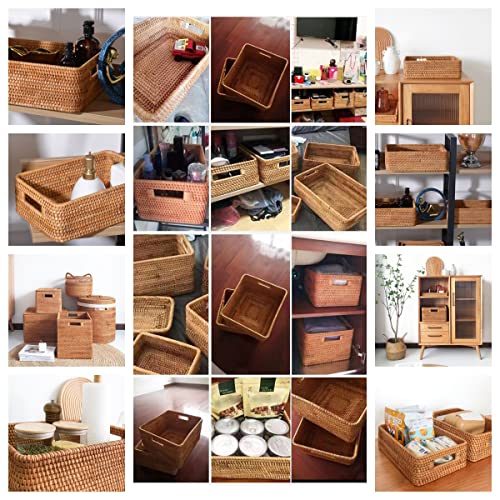 FUNFOB Household Square Woven Storage Basket with Four Cutout Handles Natural Rattan Storage Box for Serving Toy, clothing, books, daily necessities, sundries.