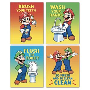 swithom super mario bathroom wall decor – unframed boy’s bathroom decor, 8x10 inch super mario wall art prints for kids bathroom, set of 4 positive quotes toilet wall decor art prints for bathroom