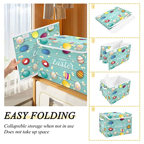 Easter Eggs Daisy Storage Basket 16.5x12.6x11.8 In Collapsible Fabric Storage Cubes Organizer Large Storage Bin with Lids and Handles for Shelves Bedroom Closet Office