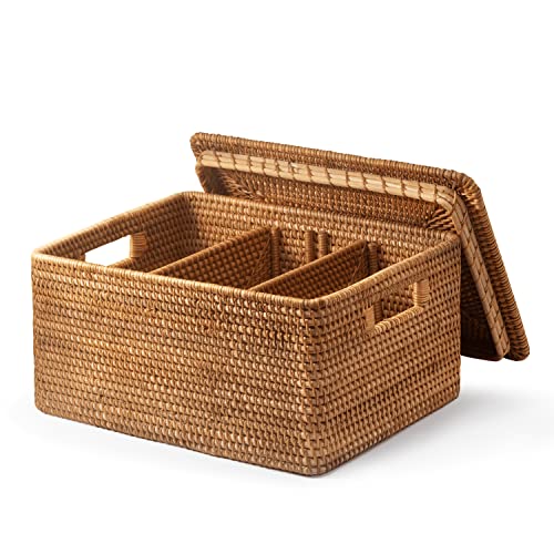 GaiaMade Handwoven Rattan Basket With Lid, Natural Wicker Storage Basket with Detachable Divider for Organizing, Large Wicker Basket With Lid for Storage and Decoration