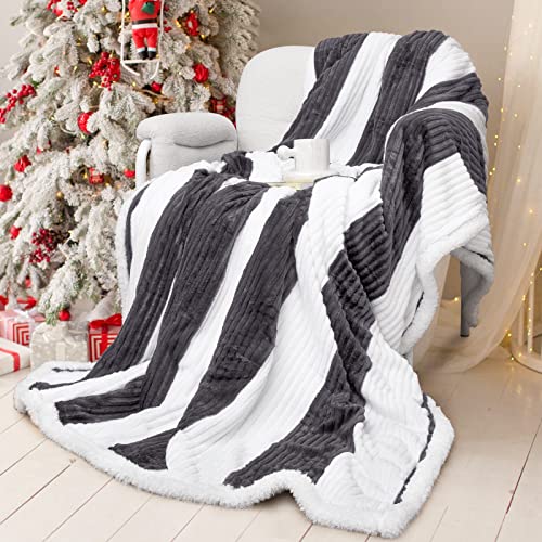 inhand Sherpa Throw Blanket, Soft Fleece Blanket Throw for Couch, Bed, Grey Plush Cozy Sherpa Warm Fuzzy Thick Flannel Blankets Twin with Stripe for Women, Men, Adults (60"X80")