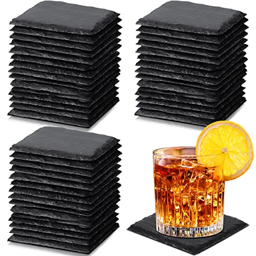 36 Pieces Slate Coasters Bulk, 4 x 4 Inch Square Stone Coasters Black Cup Coasters Set Handmade Drink Coasters Bar Coasters with Anti Scratch Bottom for Kitchen Coffee Table Home