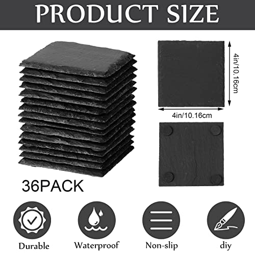 36 Pieces Slate Coasters Bulk, 4 x 4 Inch Square Stone Coasters Black Cup Coasters Set Handmade Drink Coasters Bar Coasters with Anti Scratch Bottom for Kitchen Coffee Table Home