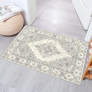 geves grey oriental rug 2×3 boho entryway rugs for bedroom kitchen bathroom decor doormat washable indoor use non-slip rubber backing