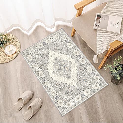 GEVES Grey Oriental Rug 2x3 Boho Entryway Rugs for Bedroom Kitchen Bathroom Decor Doormat Washable Indoor Use Non-Slip Rubber Backing