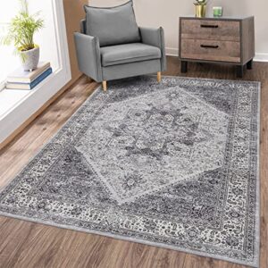 cozyloom area rug 8×10 persian rug vintage rug indoor floor print distressed carpet rug velvet mat foldable accent rug lightweight kitchen living room bedroom dining room, grey