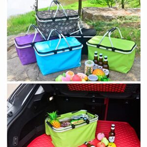 Cabilock Folding Picnic Basket Grocery Basket Laundry Basket Large Market Baske Collapsible Portable Lunch Bags for Picnic Camping Family 48 x 28 x 24 cm (Green)