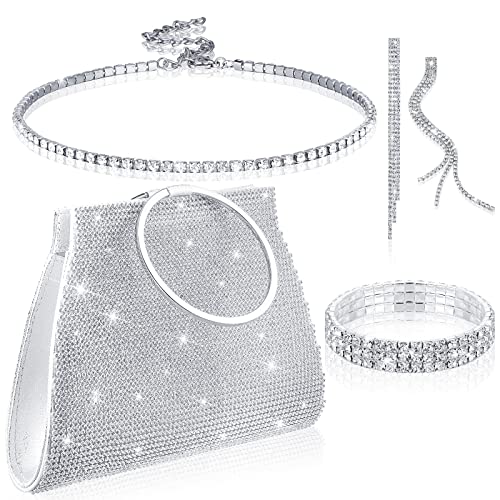 4 Pcs Women Wristlet Rhinestone Evening Clutch Bag Rhinestone Bridal Wedding Choker Bracelet Dangle Earring Bride and Bridesmaid Handbag Elegant Bling Glitter Purse