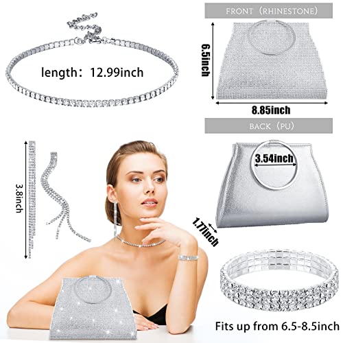 4 Pcs Women Wristlet Rhinestone Evening Clutch Bag Rhinestone Bridal Wedding Choker Bracelet Dangle Earring Bride and Bridesmaid Handbag Elegant Bling Glitter Purse