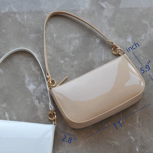 HOXIS Glossy Faux Patent Leather Women Shoulder Bag Shiny Clutch Crossbody Bag 90s Purse (Nude)